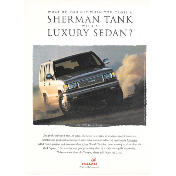 Isuzu | Art | 993 Isuzu Trooper Vintage Print Ad Cross A Sherman Tank ...
